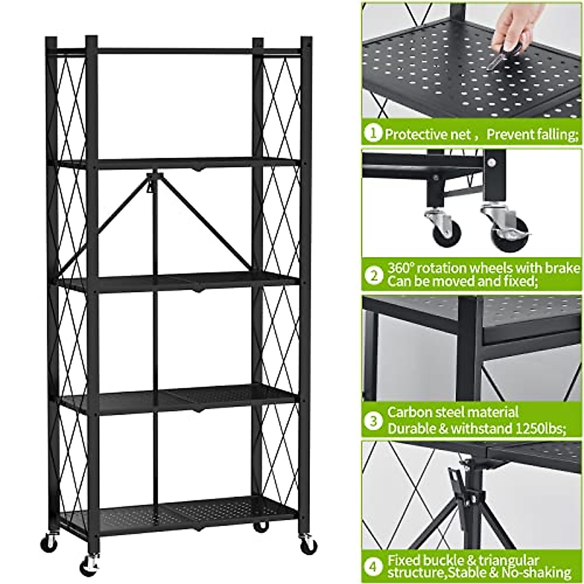 Mochubang Foldable Storage Shelves Unit, 5 Tier Folding Shelf Steel Shelving Rack with Wheels for Mobile Storage in Kitchen, Warehouse, Closet, Patio, Pantry, No Assembly, 1250 lbs Capacity, Black