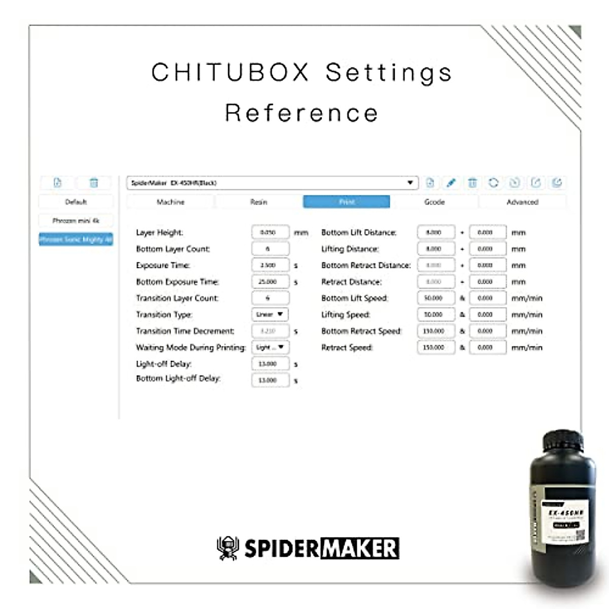 SPIDER MAKER 3D Printer 8K Resin EX-450HR, 405nm LCD UV-Curing Resin, High Precision & High Rigidity Engineering Photopolymer Resin, Works Both on 4K & 8K Printers, Low Odor (Black, 1kg)