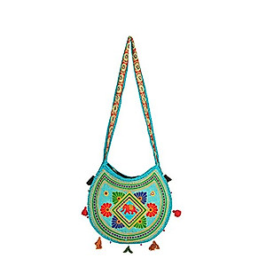 Tribe Azure Fair Trade Hippie Sling Handmade Crossbody Bag Boho Chic Patchwork Embroidered Shoulder Purse Gypsy Blue