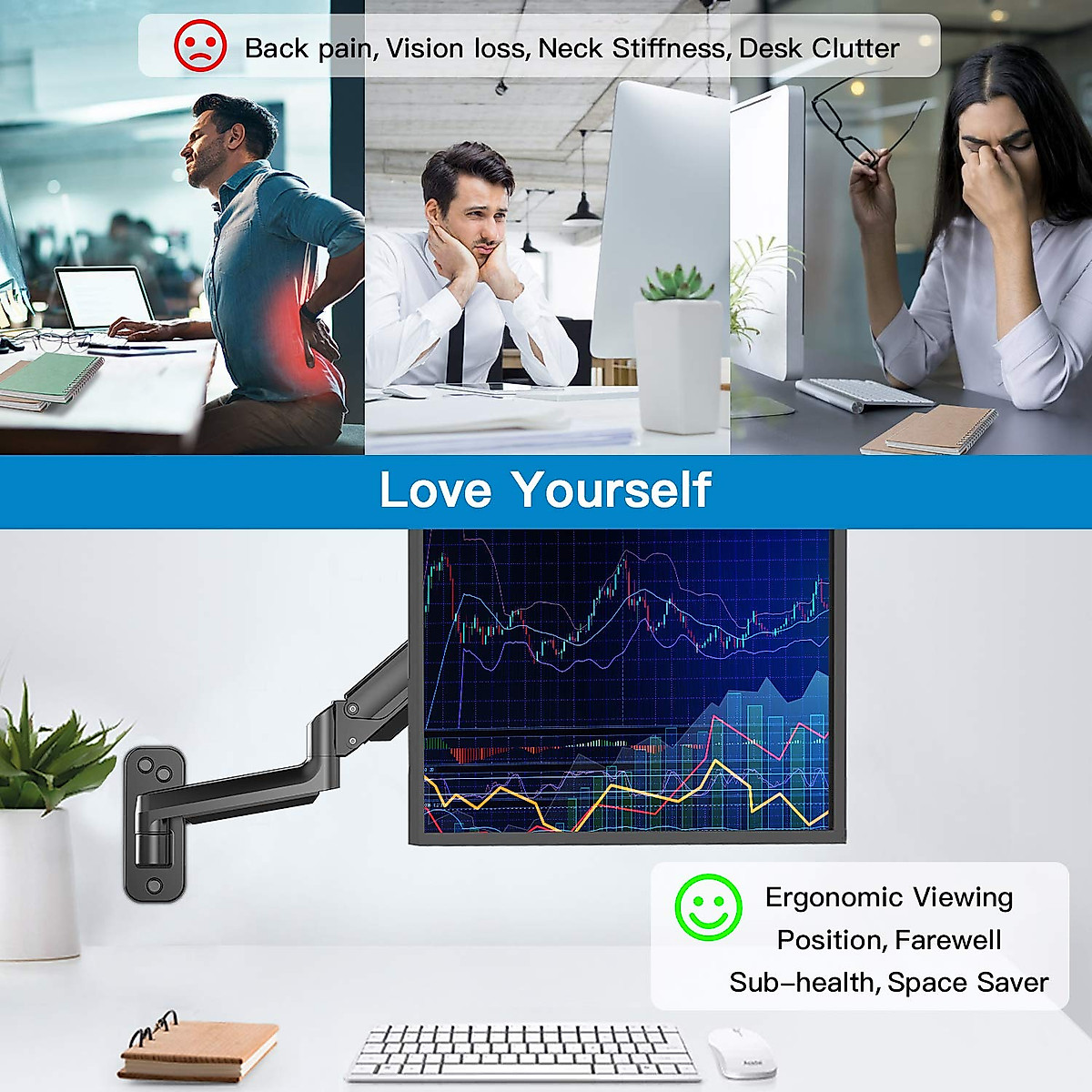 HUANUO Single Monitor Wall Mount for 13 to 32 Inch Computer Screen, Monitor Wall Mount Arm Holds up to 17.6lbs, Height Adjustable Full Motion Gas Springcore Wall Monitor Mount-VESA Mount 75x75,100x100