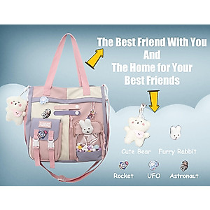 KOWVOWZ Kawaii Shoulder Tote Bag with Cute Pin Accessories Plush Rabbit & Bear Pendant Girl School Backpack Laptop Schoolbag Crossbody for Students (Purple)