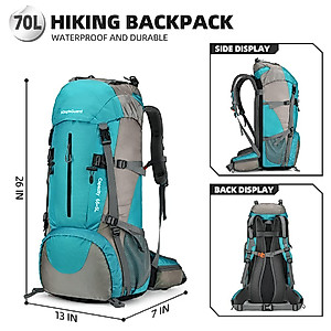 King'sGuard 70L Hiking Backpack Large Lightweight Waterproof Camping Backpack Travel Backpacking Backpack Daypack with Rain Cover -Frameless (Lake Blue)
