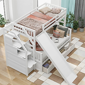Harper & Bright Designs Bunk Bed with Slide and Stairs Twin Over Full Bunk Beds Wood Frame with Storage Drawers for Kids Boys Girls Teens, White
