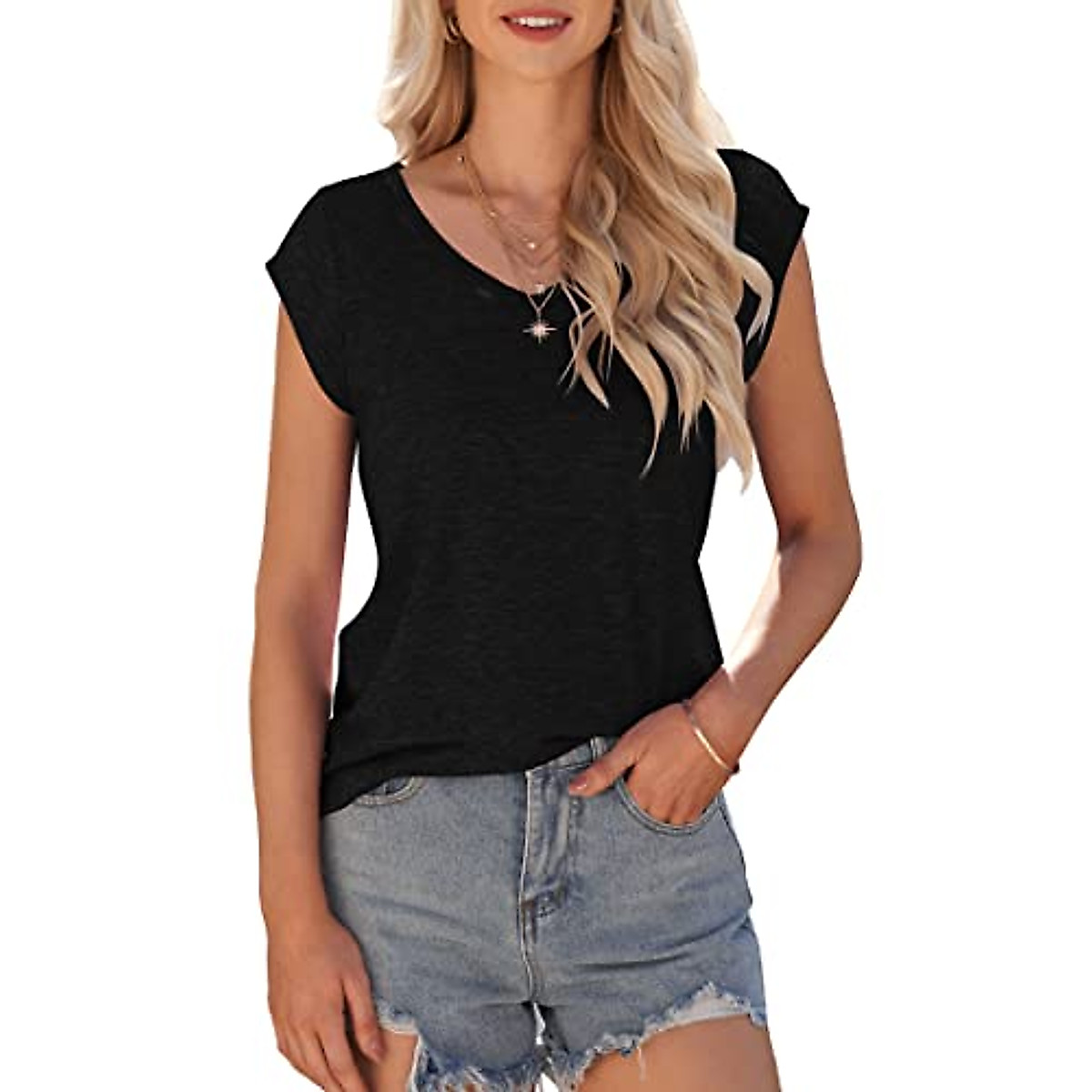 AUSELILY Womens Cap Sleeve T-Shirt Casual Loose Fit Tank Tops Black