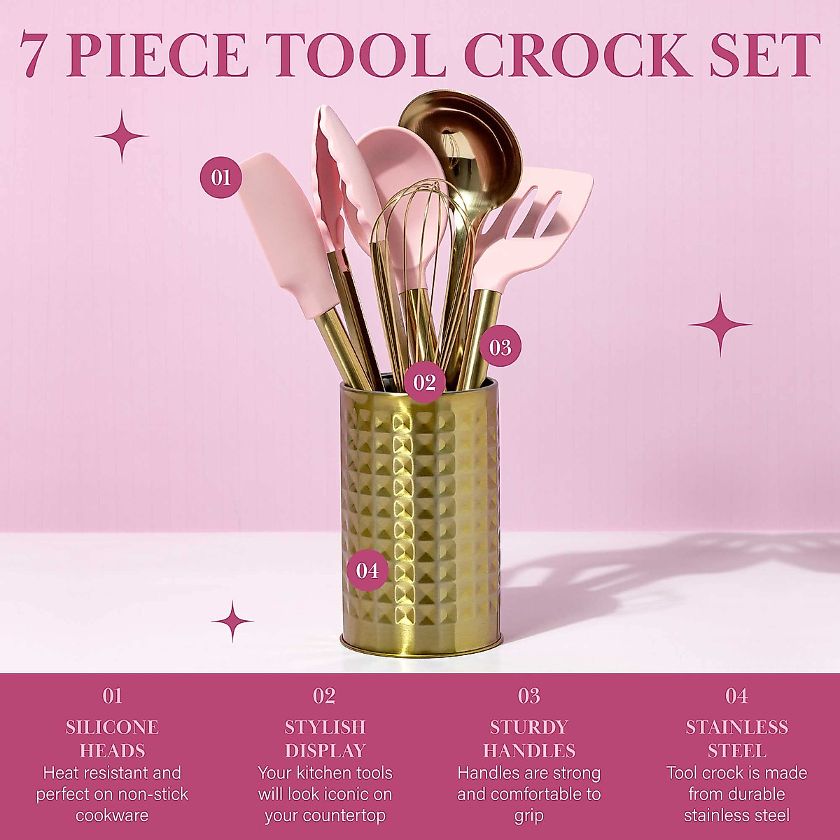 Paris Hilton Kitchen Set Tool Crock with Silicone Cooking Utensils, Stainless Steel Whisk and Ladle, 7-Piece, Pink and Gold
