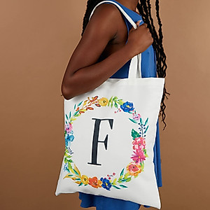 Okuna Outpost Set of 2 Reusable Monogram Letter F Personalized Canvas Tote Bags for Women, Floral Design (29 Inches)
