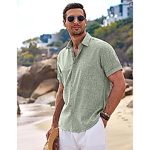 COOFANDY Men's Casual Button Down Shirts Linen Untucked Business Fitted Casual Shirt Short Sleeve Light Green