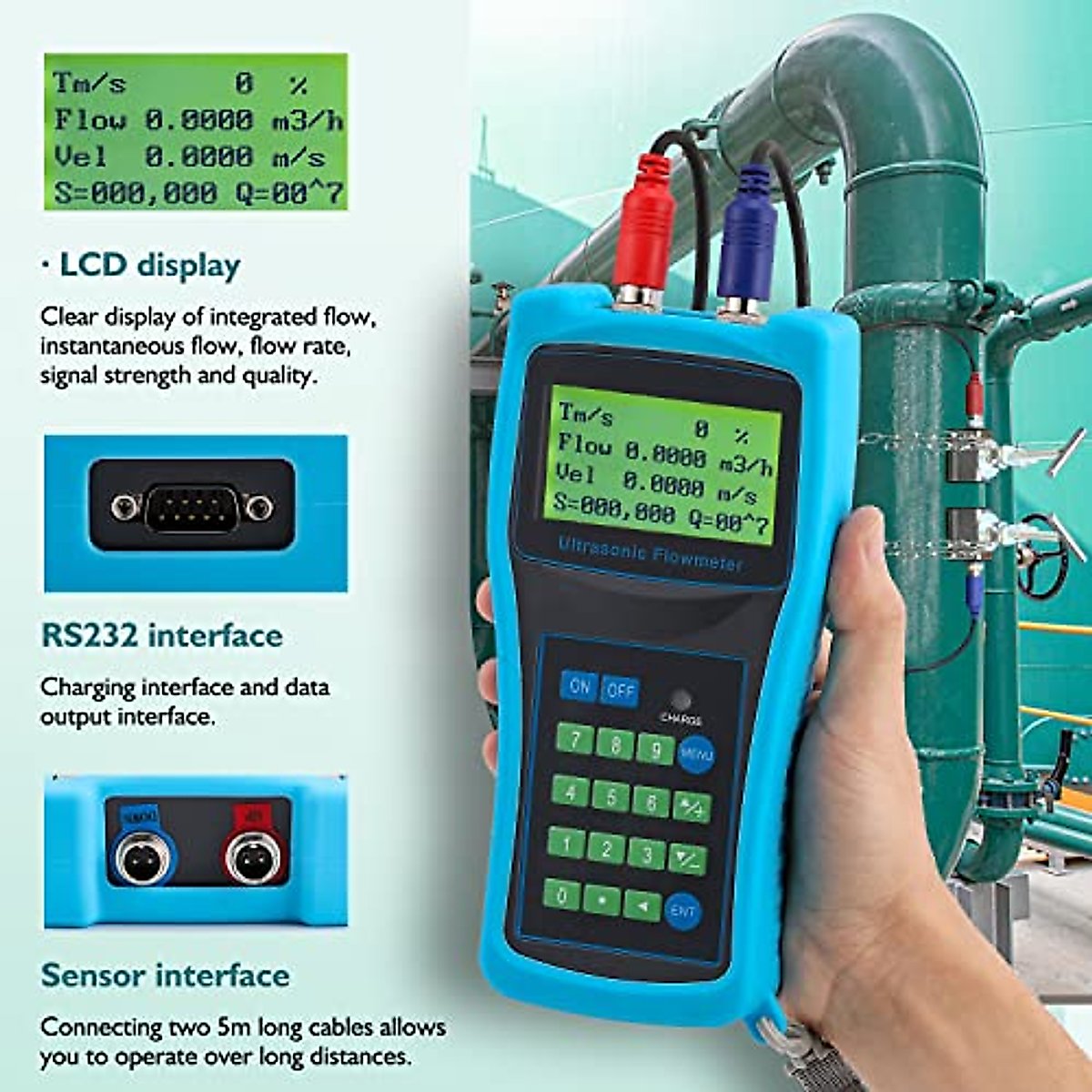 Bonoutil Ultrasonic Flow Meter Clamp on Handheld Portable Flowmeters with LCD Display S1 M2 Sensors Carrying Case 1/2-28"