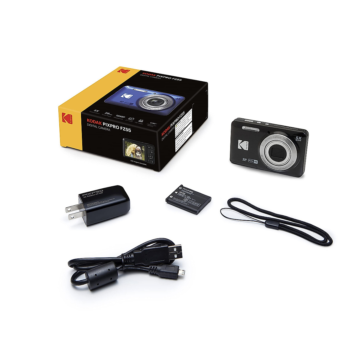 Kodak PIXPRO FZ55 Digital Camera (Black) + Black Point & Shoot Camera Case + Transcend 64GB SD Memory Card + Tri-fold Memory Card Wallet + Hi-Speed SD USB Card Reader + More!