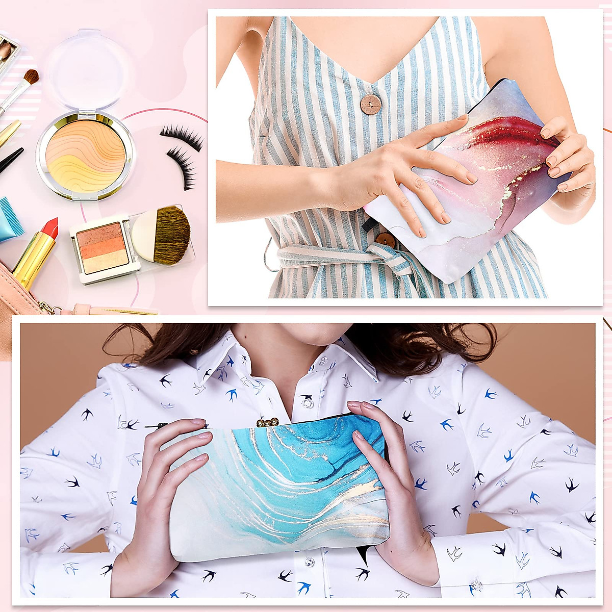 Sanwuta 12 Pieces Cosmetic Makeup Bags Printed Roomy Toiletry Waterproof Beauty Bag Organizer Pouches with Zipper Makeup Accessories for Women(Marble Style)