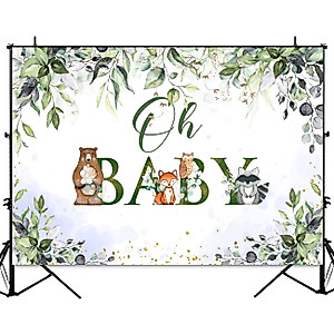 Sensfun Woodland Baby Shower Backdrop Oh Baby Greenery Forest Jungle Animals Photography Background Woodland Creatures Baby Shower Party Banner Decorations (7x5ft)