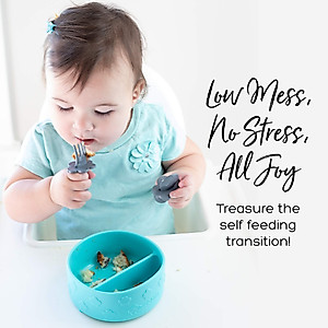 Grabease Bundle of Baby Utensils Set of Fork and Spoon with Suction Baby Bowl for Toddlers for Baby Led Weaning (Teal)