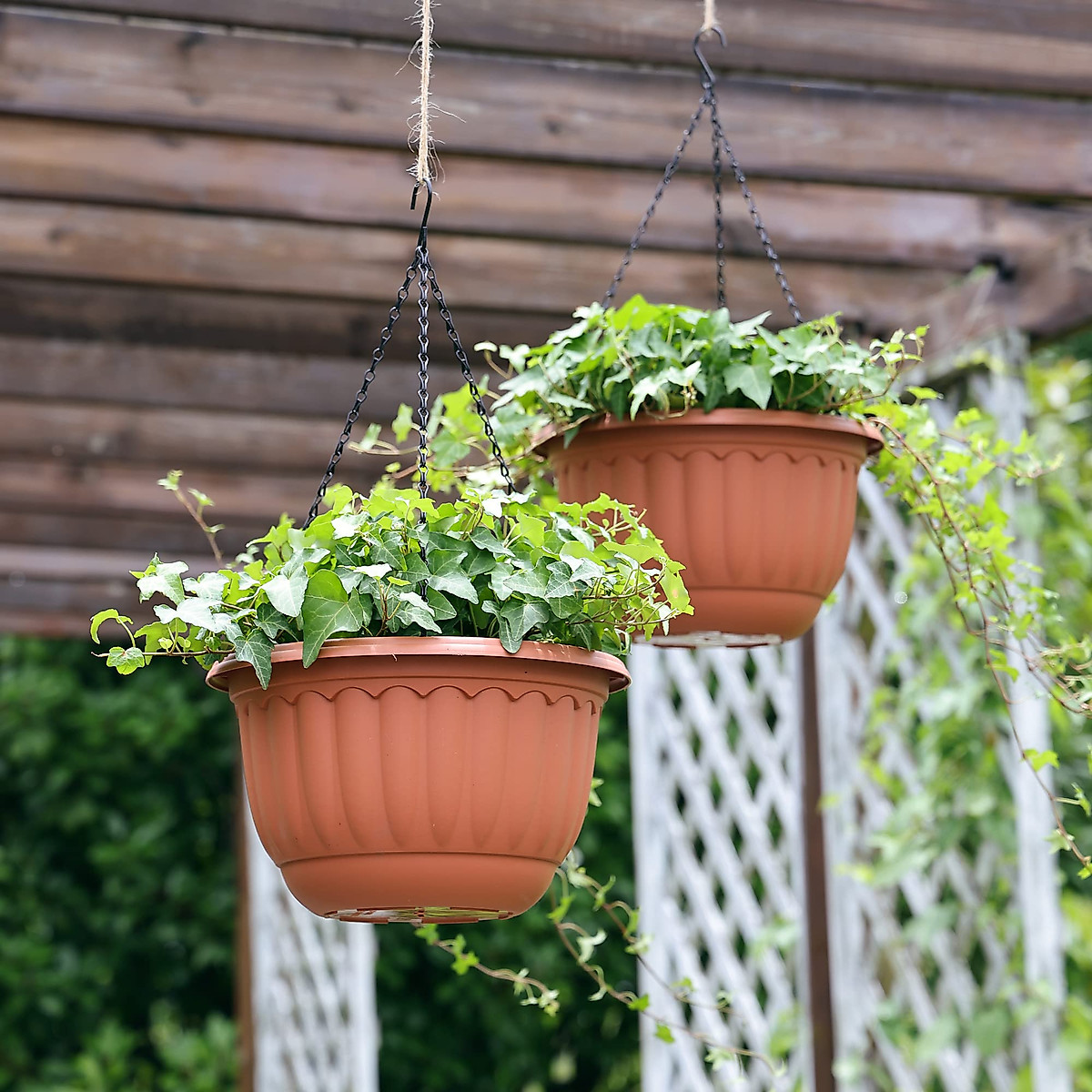 YIKUSH Hanging Planter for Indoor and Outdoor Plants 2 Pack 12inch Flower Pot Plastic Plant Pot with Drainage Hole and Absorbing Tray（Terracotta,with 3 Hooks）