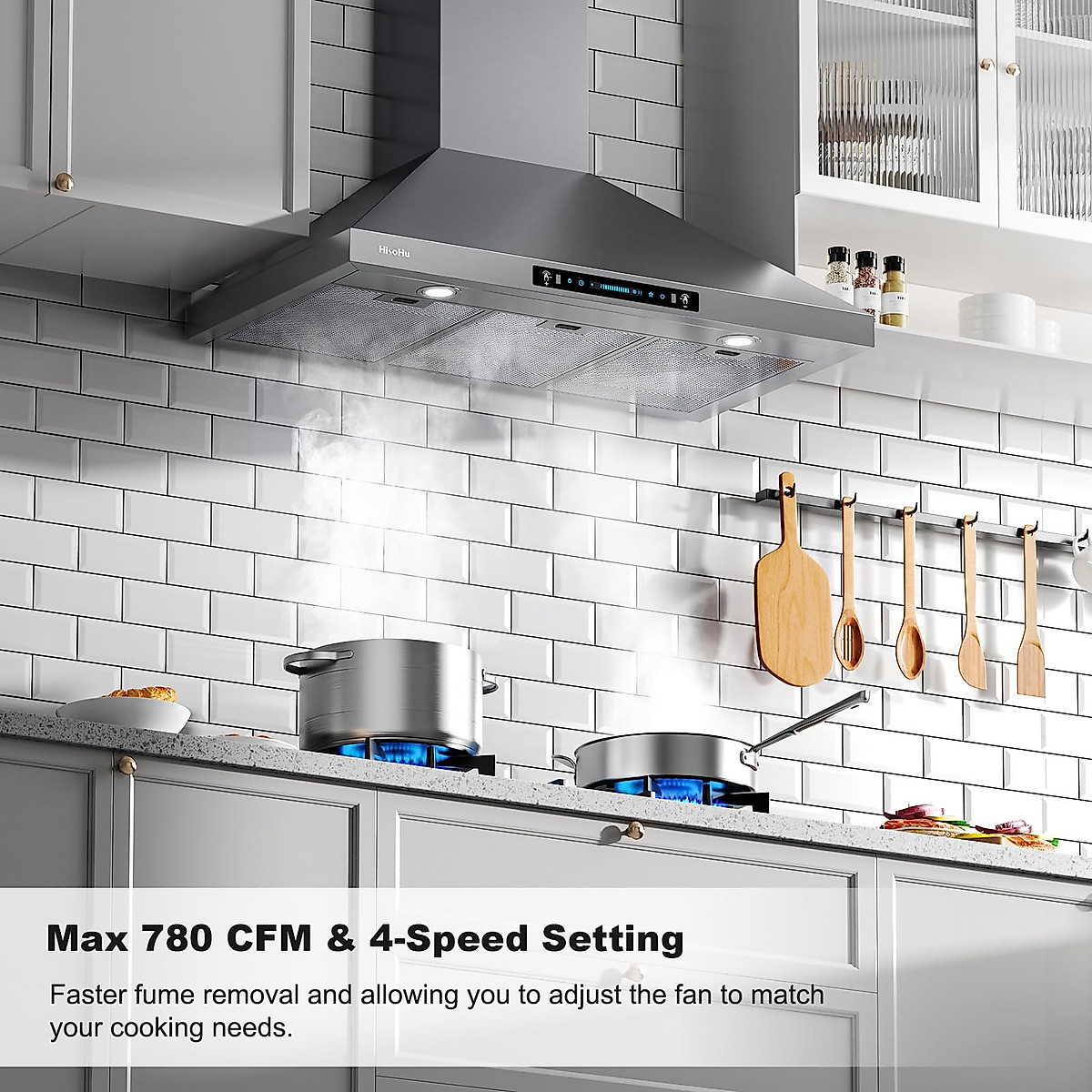 HisoHu Wall Mount Range Hood 30 Inch,Ductless/Ducted Convertible, 780 CFM Kitchen Vent Hood, Aluminum Mesh Filter,4 Speed Gesture Sensing&Touch Control Panel, Stainless Steel Kitchen Vent