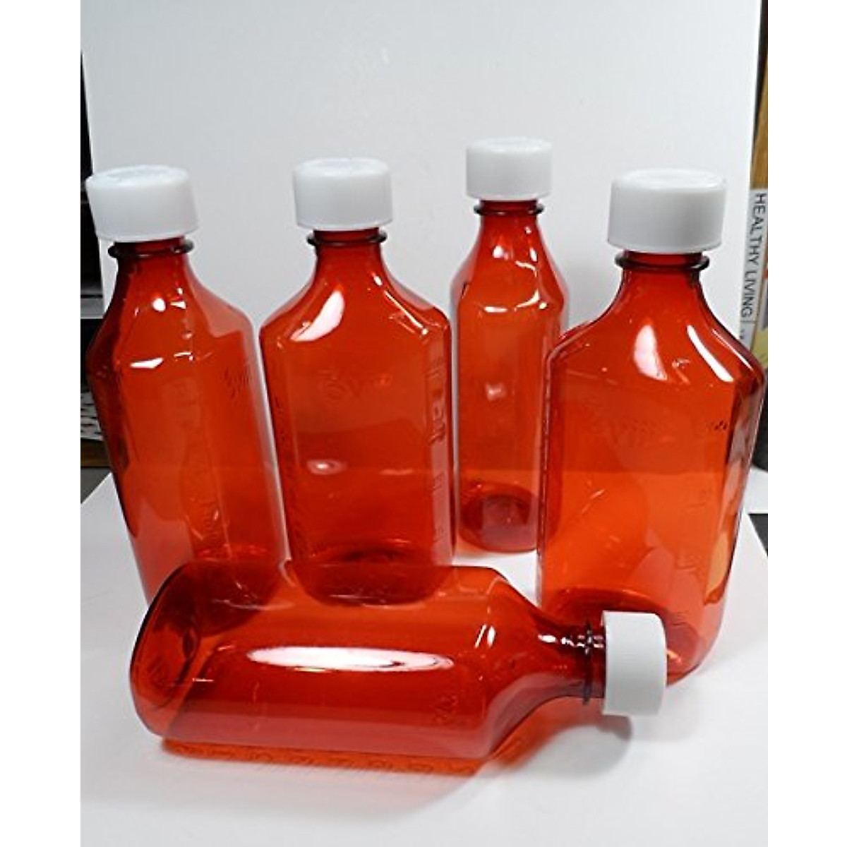 Graduated Oval 8 Ounce Amber Plastic RX Medicine Bottles and Caps Pharmaceutical Grade Package of 25