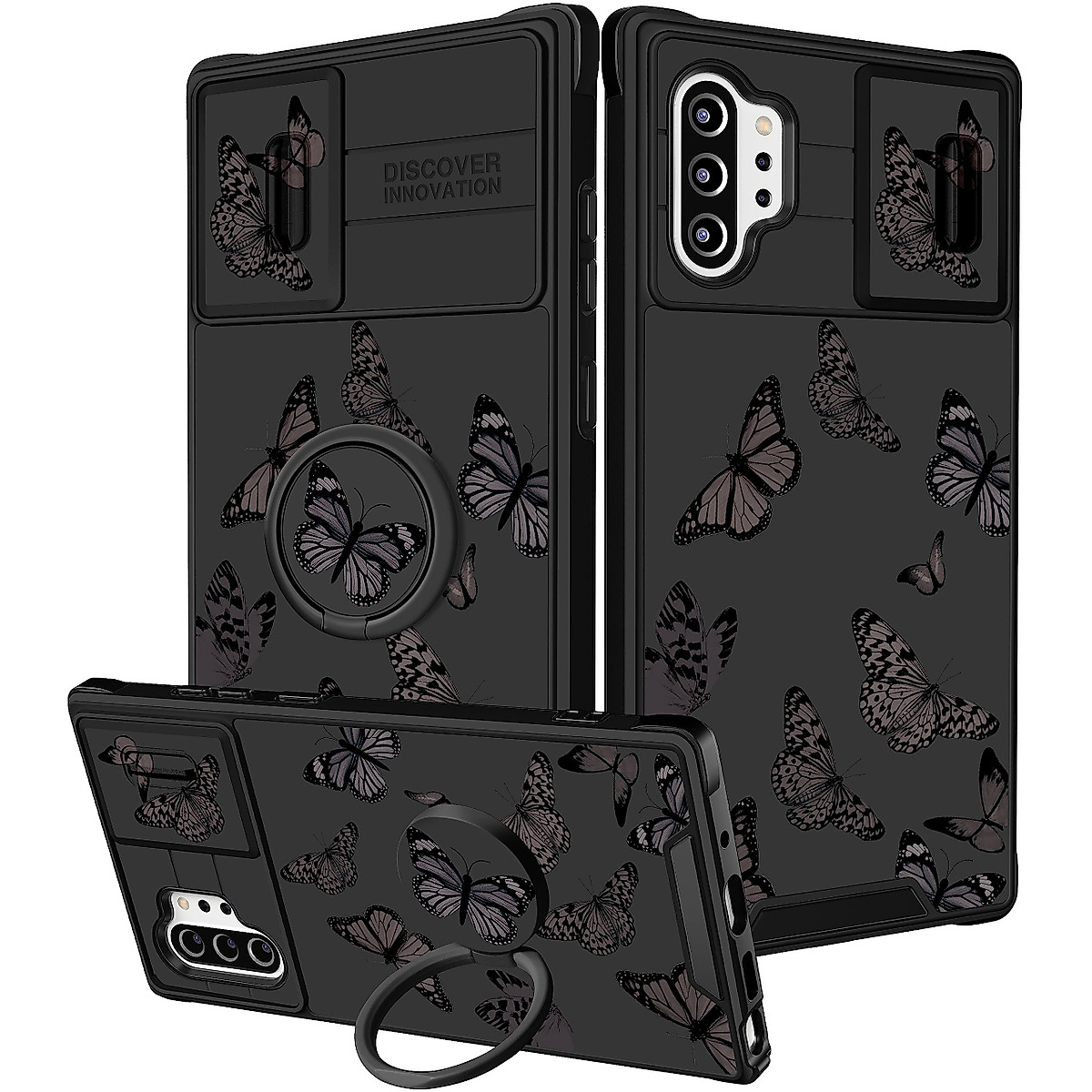 Funermei (2in1 for Samsung Galaxy Note 10 Plus Phone Case for Women Butterfly Cute Girls Cover Girly Pretty Black Butterfly Design with Camera Cover and Ring Stand Funda for Galaxy Note 10 Plus Case