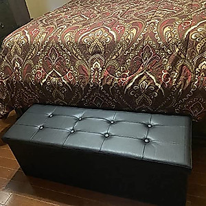 KEYWORD FAMILY 43 in Folding Leather Storage Ottoman Bench, Rectangular Black Footrest， Foam Pouf Tray Footstool with Storage, for Living Room, Bedroom& Hallway