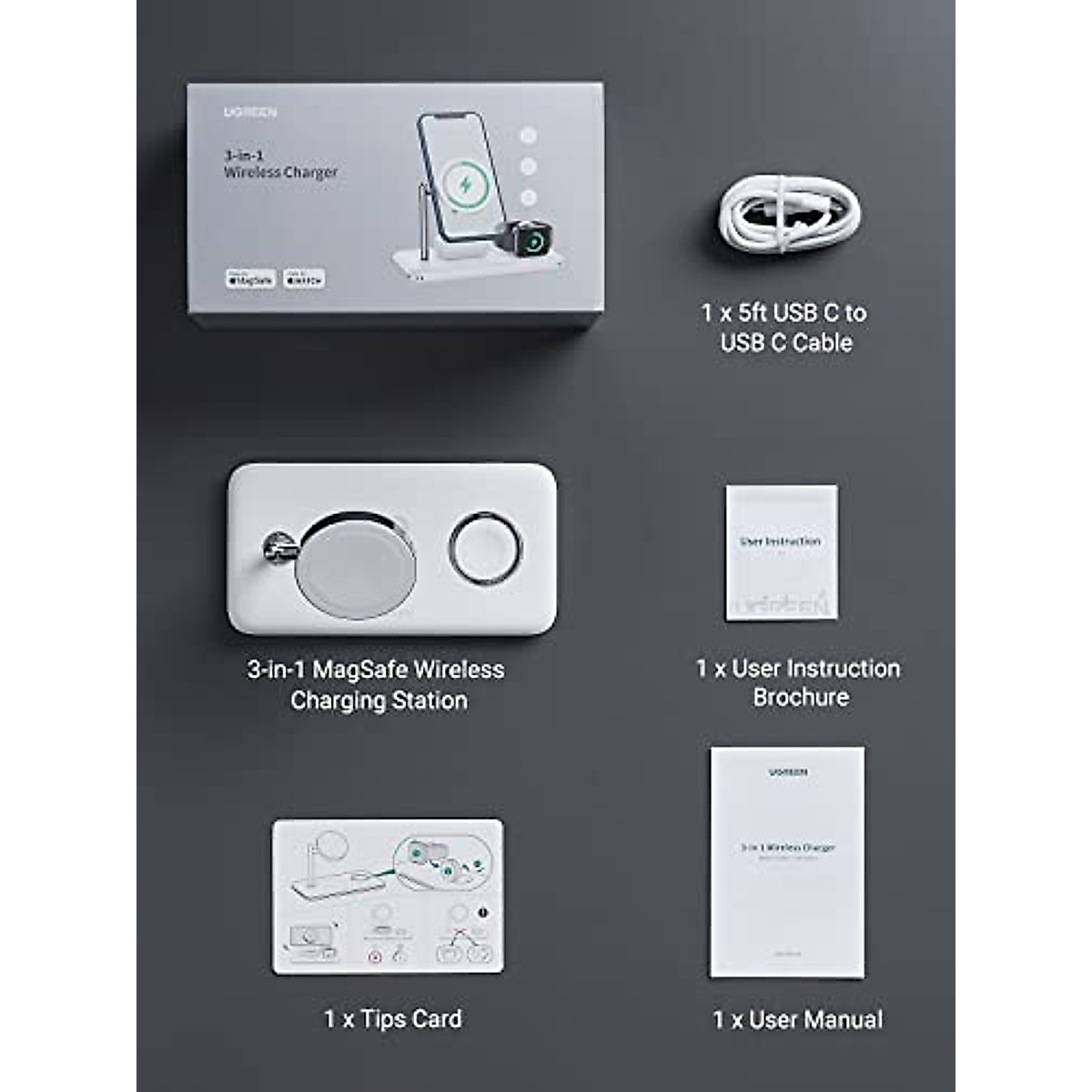 UGREEN MFi-Certified 25W 3-in-1 MagSafe Wireless Charging Station, 15W Fast Charging for iPhone 14/13/12 MagSafe Series, Compatible with Apple Watch, AirPods Series (No AC Adapter)