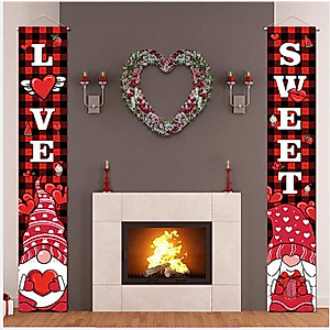 Gnome Valentine's Day Porch Sign Heart Banner Sweet Love XOXO Cutouts Door Sign Porch Sign Outdoor Indoor Be Mine Valentines Day Party Hanging Decor (RED)