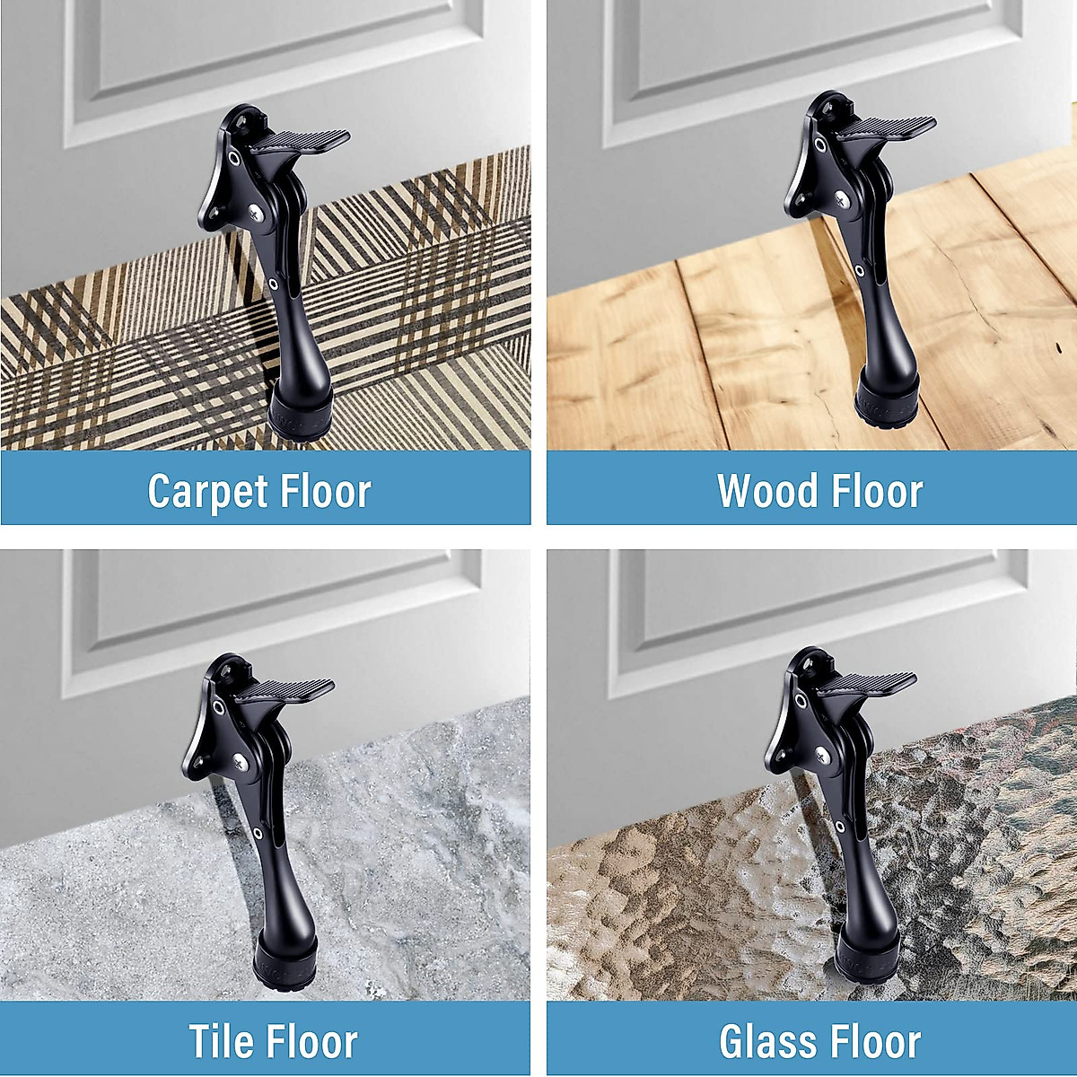 6 Pieces Heavy Duty Door Stops for Bottom of Door 6 Inch Kickdown Door Stops Black Metal Doorstop with Adjustable Rubber Tips Spring Door Stop Kick Door Stop Replacements