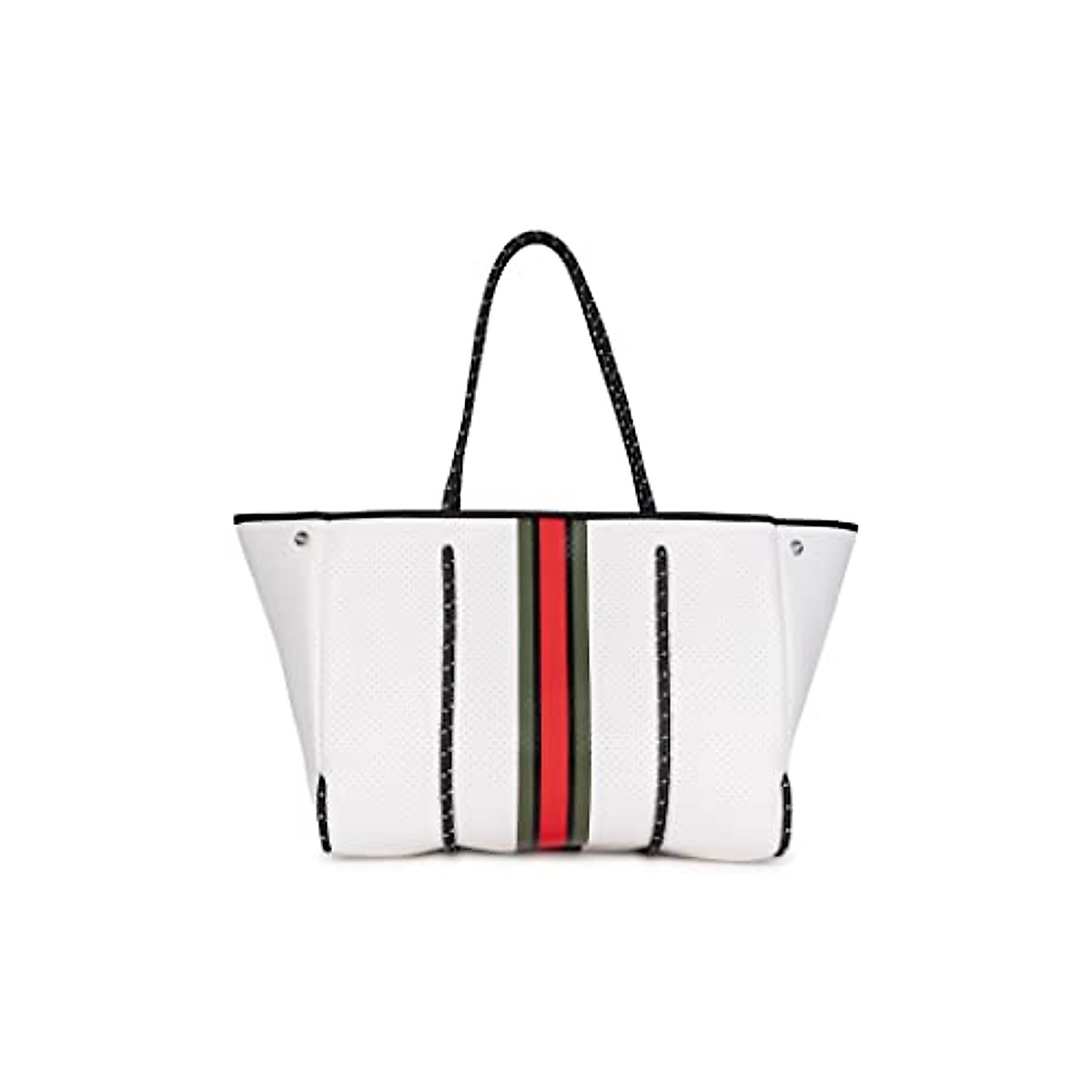Haute Shore - Greyson Trento Neoprene Tote Bag w/Zipper Wristlet Inside, White Coated W/Red, Black & Green Stripe