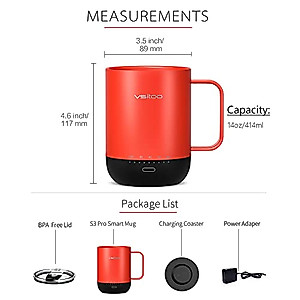 VSITOO Temperature Control Smart Mug with Lid, Coffee Mug Warmer with Mug for Desk Home Office, App Controlled Heated Coffee Cup, Self Heating Coffee Mug 14 oz, Electric Mug - Improved Design (Red)