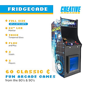 Creative Outdoor Distributor Full Size Stand-Up Commercial Grade Arcade Machine-2 Player, 60 Games, 22 LCD Screen, 2 Sanwa Joysticks, Trackball, Built-in Fridge, 2 Stools Included