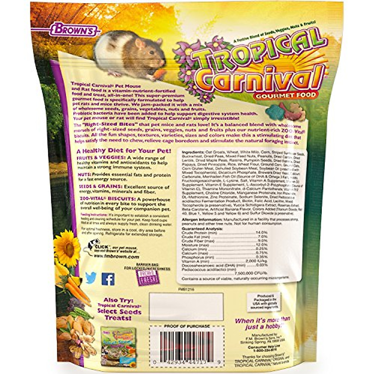 Tropical Carnival F.M. Brown's Gourmet Pet Mouse and Rat Food with Fruits - Veggies, Seeds, and Grains, Vitamin-Nutrient Fortified Daily Diet - 2lb