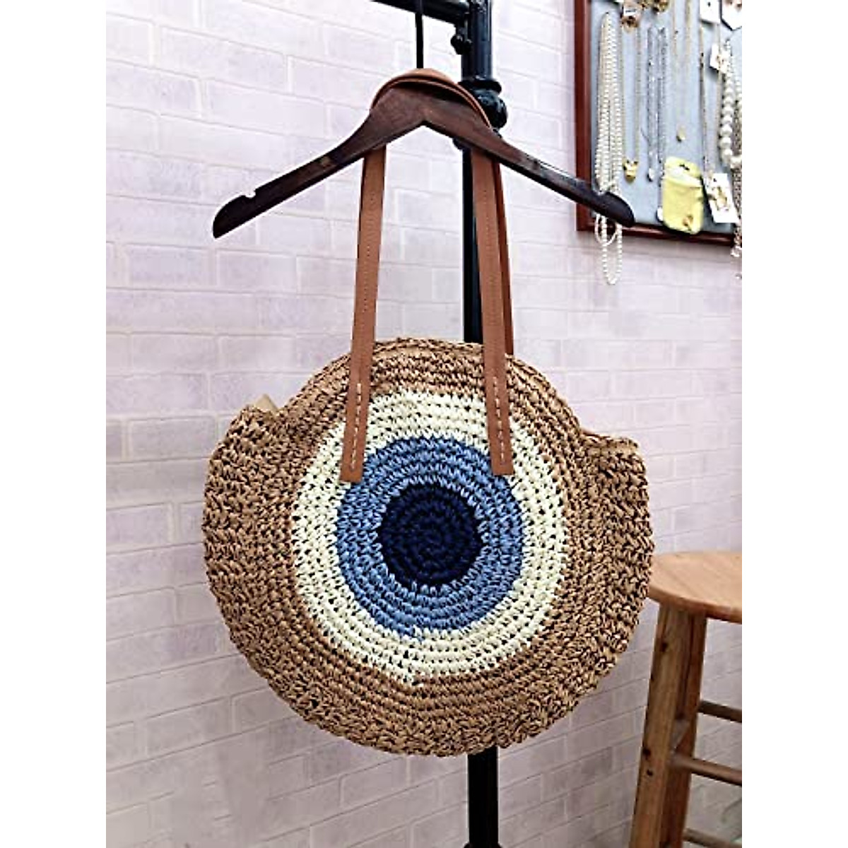 JBR Large Round Straw Bag Woven Shoulder Bag Tote Crossbody Bags Women Handwoven Handbags (Blue Eyes)