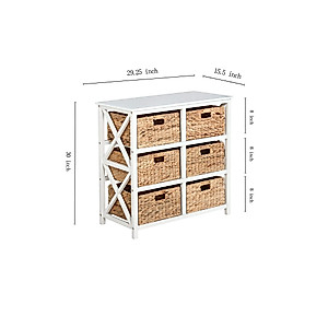 eHemco 3 Tier X-Side End Storage Cabinet, table with 6 Wicker Baskets for bedroom, living room in White