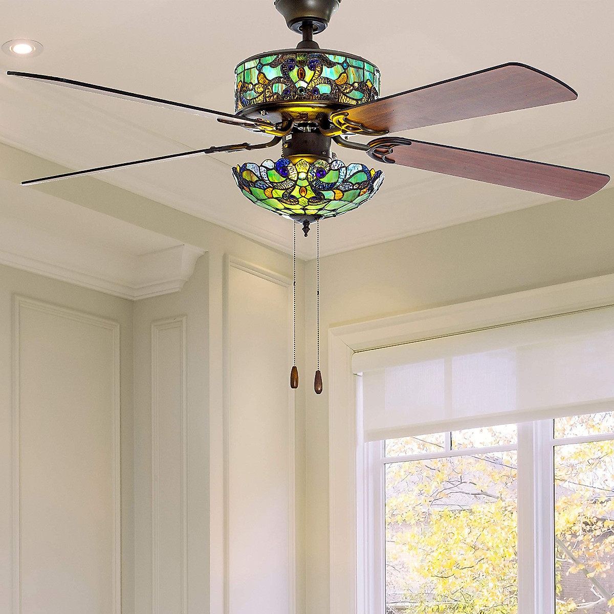 RIVER OF GOODS Stained Glass Magna Carta LED Ceiling Fan - 52" L x 52" W - Tiffany Style - Flush Mount Ceiling Fan with Remote - Teal