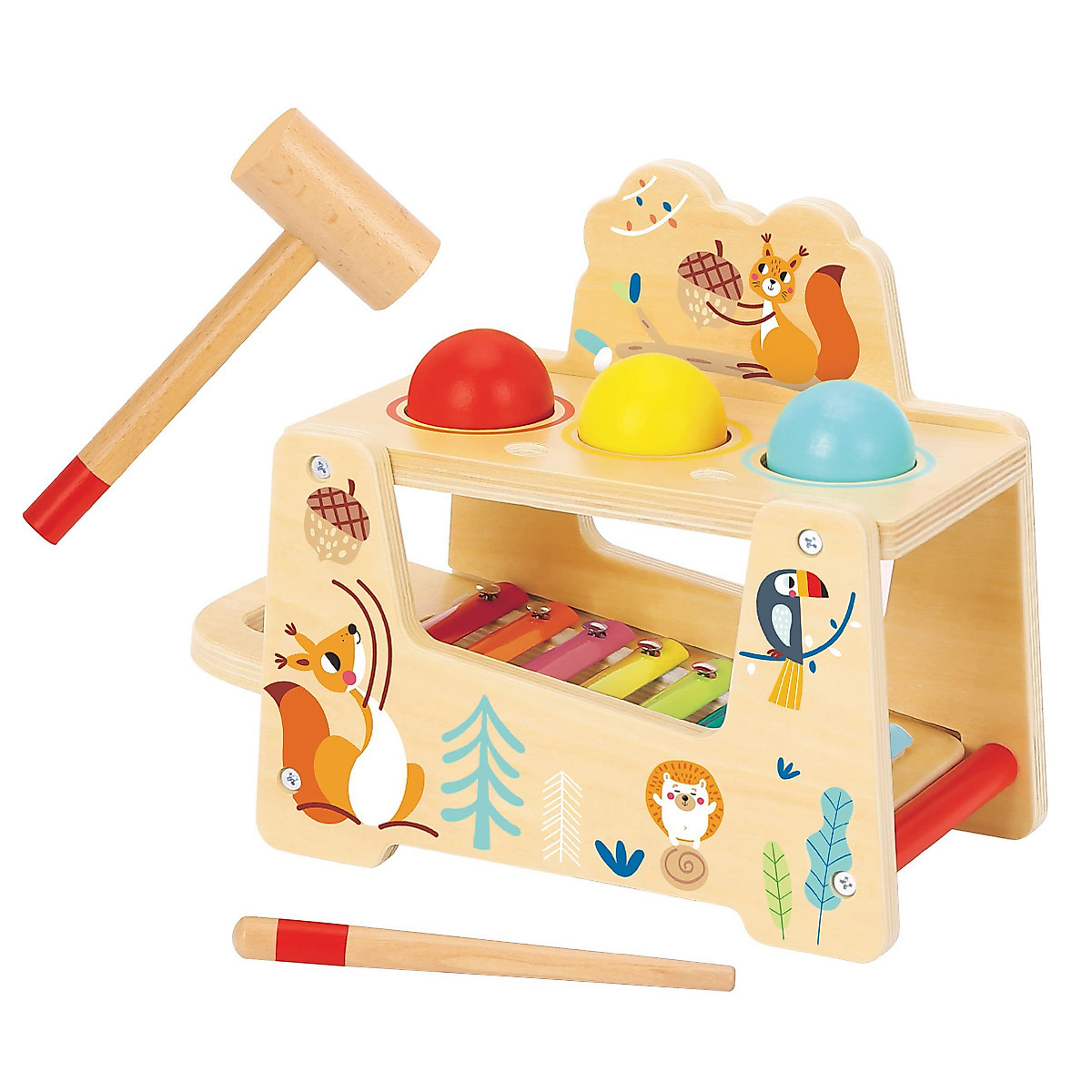 TOOKYLAND Pound a Ball Toy - 7pcs - Wooden Pounding and Hammering Bench with Xylophone; Educational Ball Drop Tap Game for Toddlers 1 Year Old +