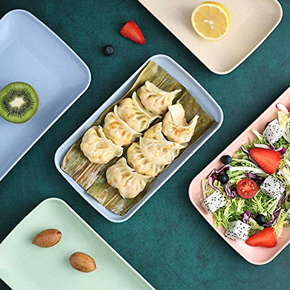 ATRDTO Set of 4 Wheat Straw Plates Dessert Plates Fruit Dish for Dessert Cupcake Salad Steak Home and Kitchen Decor (4 Pcs Rectangle)