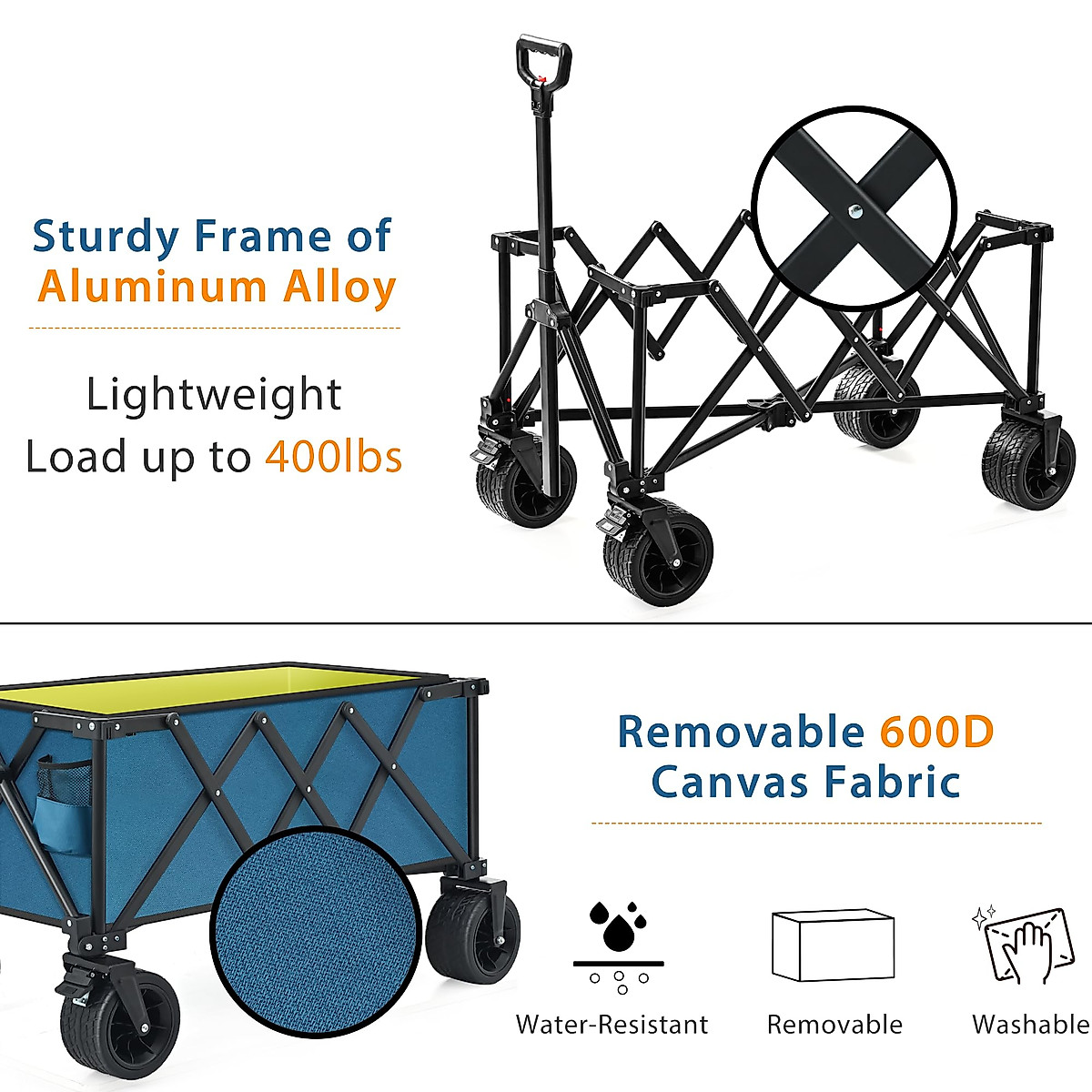 WARMHONIU Beach Wagon Cart with Big Wheels for Sand, Aluminum Collapsible Folding Wagon, Heavy Duty Foldable Cart with Removable Wheels, Outdoor Utility Wagon for Sand, Camping, Garden