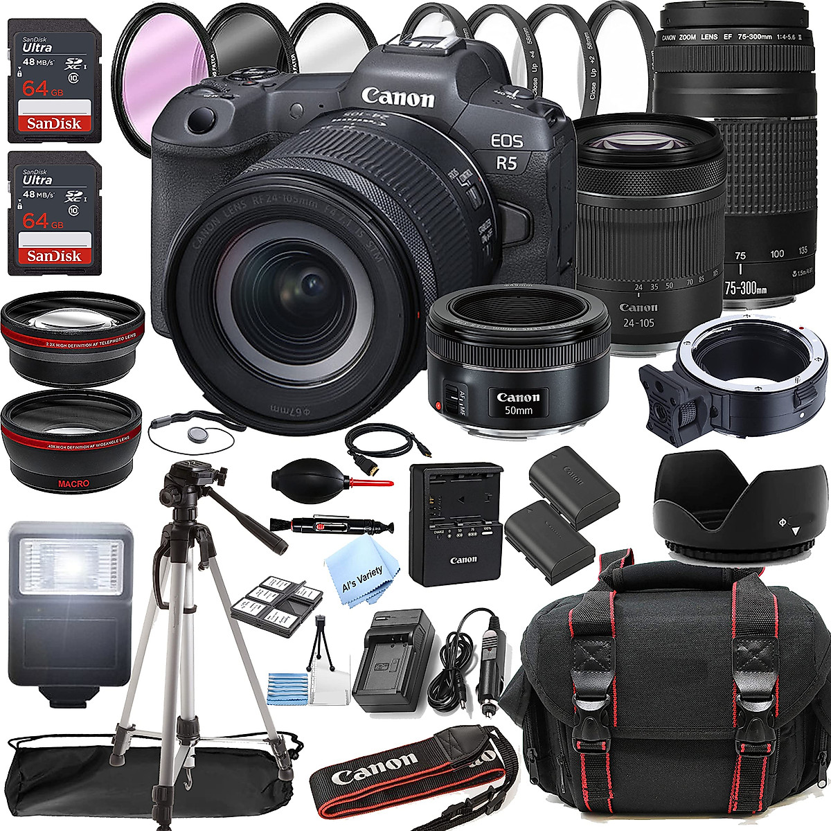 Canon EOS R5 Mirrorless Digital Camera with RF 24-105mm f/4-7.1 STM Lens + 75-300mm F/4-5.6 III Lens + 50mm f/1.8 STM Lens + 128GB Memory + Case + Tripod + Filters (43pc Bundle)