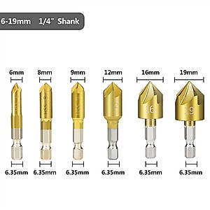 Hex Shank Countersink Drill Bit 6-19mm Set Titanium Coated 5 Flute Hole Drill 90 Degrees Wood Chamfering 6Pcs (Color : 6pcs with Punch)