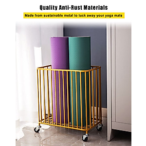 Gold Square Yoga Mat Holder with Wheels, Steel Frame Yoga Mat Storage Basket, Exercise Equipment for Home Workouts, Space Saving Yoga Mat Racks