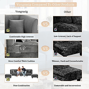 Vongrasig 6 Pieces Sectional Couch Modular Sofa with Reversible Chaise 116" Velvet U-Shaped Couch Sofa 6-seat Modular Large Sectional Couch with Ottoman for Living Room, Upholstered Cushion (Grey)