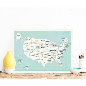 USA Wall Map Art Print, 14x11 Inches, Kid's USA Wall Map,Children's Room Decor, Gender Neutral Nursery, Travel Nursery Decor,United States of America Map