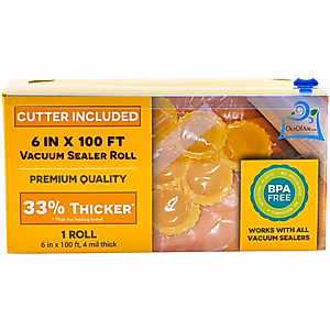 6" x 100' Mega Roll & Cutter Box Vacuum Sealer Bags Roll (No More Scissors) 4 mil 100 Foot OutOfAir, 33% Thicker, BPA Free, Sous Vide, Commercial Grade, Works with FoodSaver Sealers