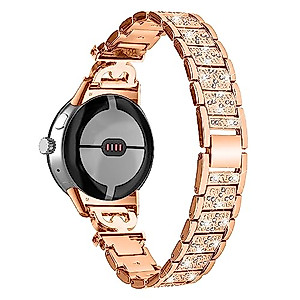 MVRYCE Compatible With Google Pixel 2022 WatchBand, Stainless Steel Watchband Bling Rhinestone Replacement Bracelet Adjustable Bands for Google Pixel SmartWatch 2022 Released (Rose Gold)