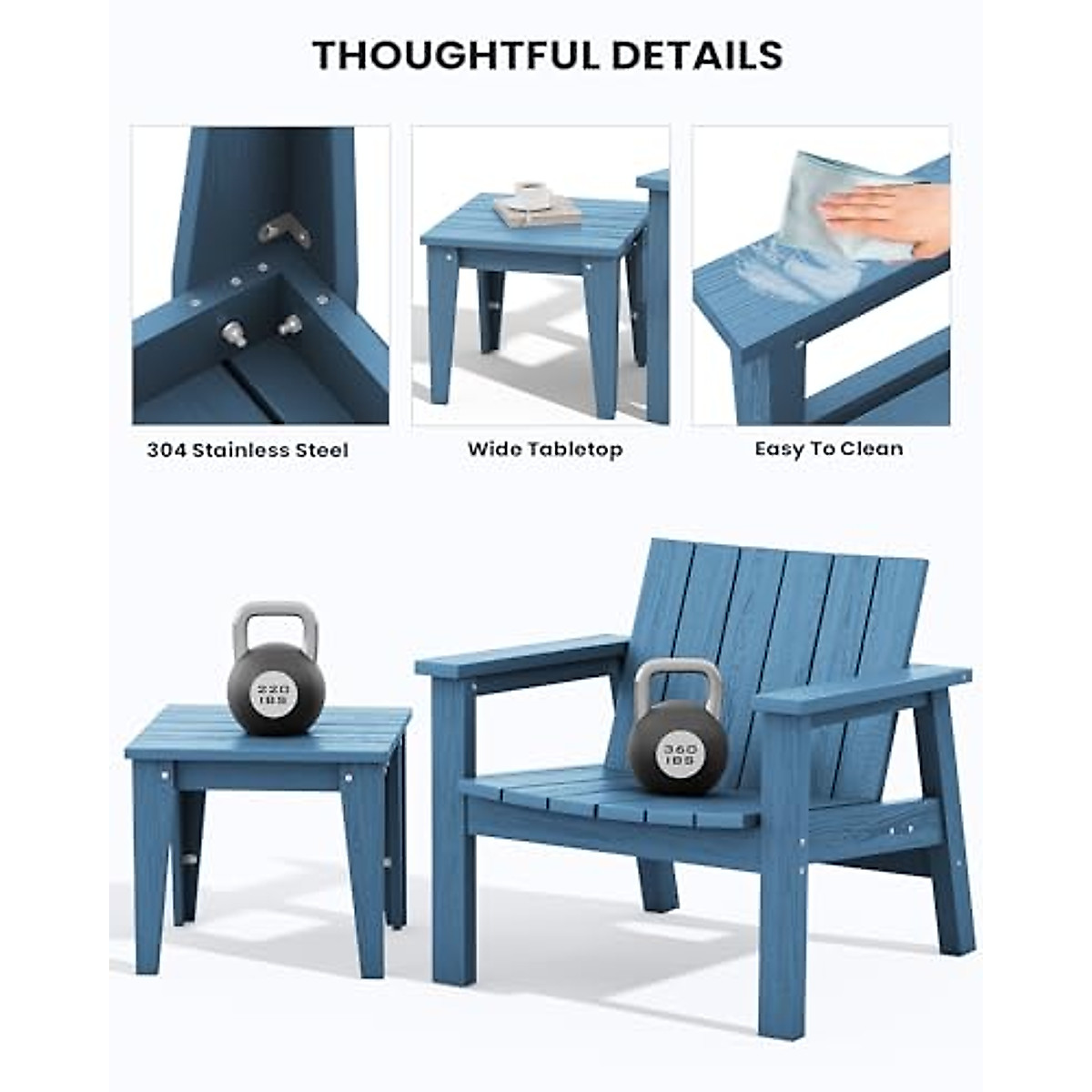 SERWALL Adirondack Chair Set with Side Table, HDPE Patio Bistro Set- Navy Blue