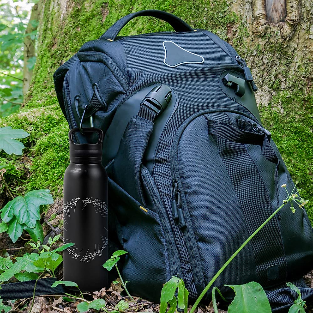 Lord of the Rings OFFICIAL Mordor Script 24 oz Insulated Canteen Water Bottle, Leak Resistant, Vacuum Insulated Stainless Steel with Loop Cap, Black