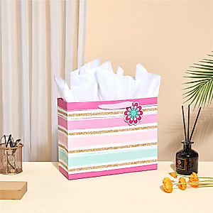 SUNCOLOR 13" Large Gift Bags for Birthday Party with Tissue Paper(2 Pack, Flower with Happy Birthday)