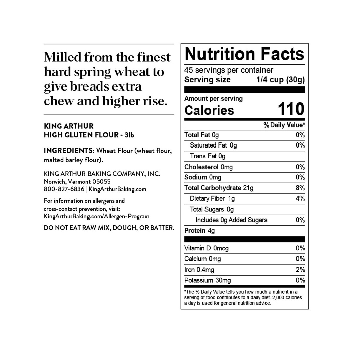 King Arthur High Gluten Flour, Contains Wheat Flour (wheat flour, malted barley flour) High Protein, 3 lb, White, 48 Ounces