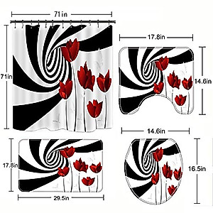 Valentine's Day Shower Curtain Set, 3D Romantic Rose Style Printing Shower Curtain Carpet Floor Mat Combination Bathroom Toilet Mat 4 PCS (D)