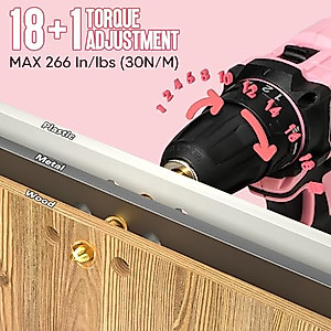 SHALL Pink Cordless Drill Driver 20V Electric Power Drill Screwdriver Set with 2.0AH Battery & Fast charger for Women, 3/8'' Keyless Chuck, Variable Speed, 18+1 Position & 34pcs Drill/Driver Bits