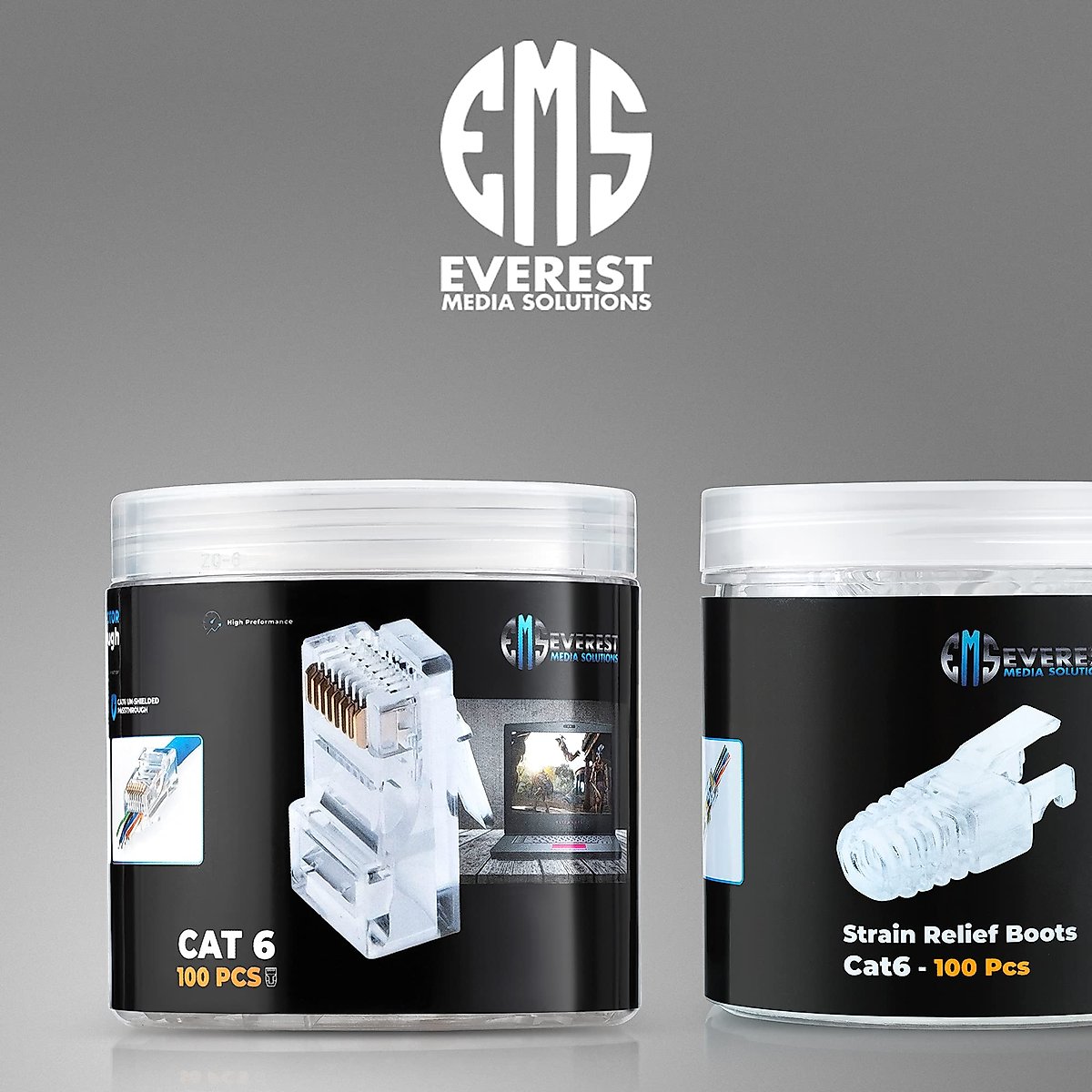 Everest Media Solutions RJ45 Cat6 Pass Through Connectors and Strain Relief Boots - Pack of 100/100 - EZ to Crimp Modular Plug for Solid or Stranded UTP Network Cable - Male Ethernet Connector End