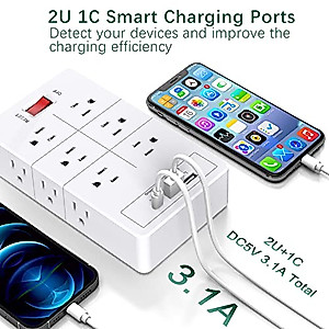 Power Strip with USB C - 12 Widely Outlets with 2 USB Charging Ports+1 USB C Total 3.1 A, 6 ft Long Heavy Duty Extension Cord,Overload Surge Protection, Surge Protector Wall Mount for Home (White)