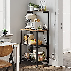 IRONCK Bakers Rack with Power Outlet, Industrial Microwave Cart with Wheels 3-Tier Coffee Bar for Kitchen Living Room Vintage Brown